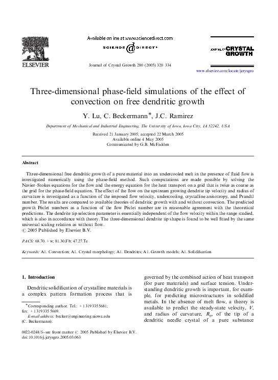 (PDF) Three-dimensional phase-field simulations of the effect of convection on free dendritic growth