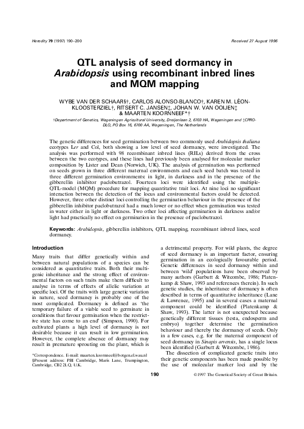 (PDF) QTL analysis of seed dormancy in Arabidopsis using recombinant inbred lines and MQM ...