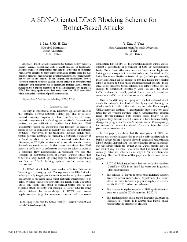 (PDF) A SDN-Oriented DDoS Blocking Scheme for Botnet-Based Attacks