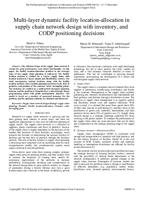 Pdf Multi Layer Dynamic Facility Location Allocation In Supply Chain Network Design With