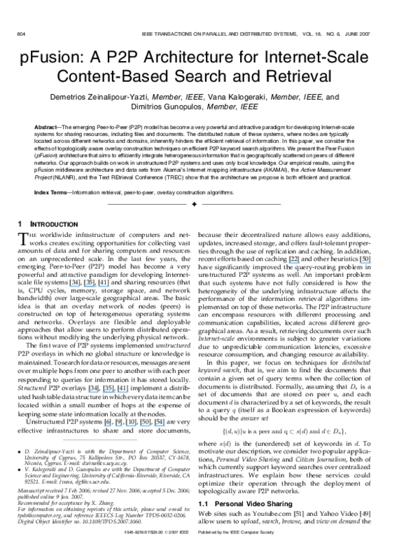 (PDF) pFusion: A P2P Architecture for Internet-Scale Content-Based Search and Retrieval | Vana ...