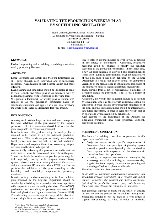 (PDF) Validating Weekly Production Plans via Scheduling Simulation