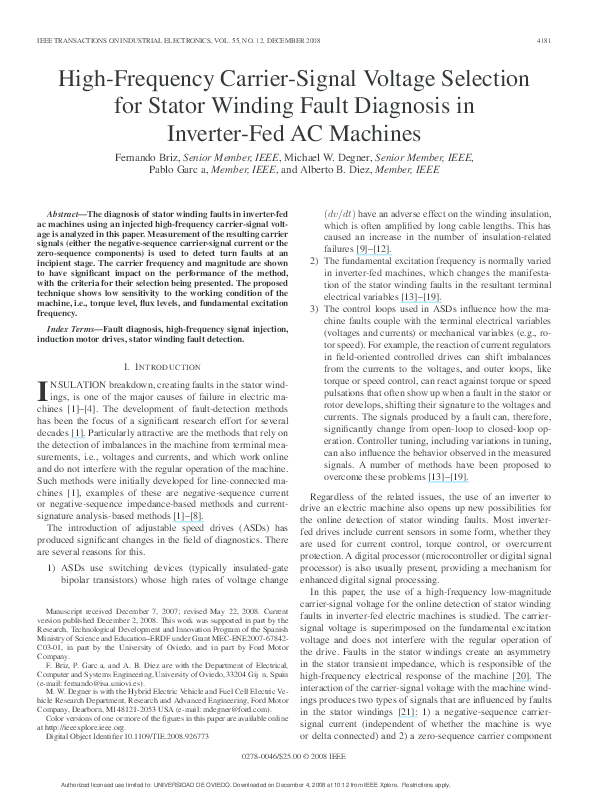 (PDF) High-Frequency Carrier-Signal Voltage Selection for Stator Winding Fault Diagnosis in ...