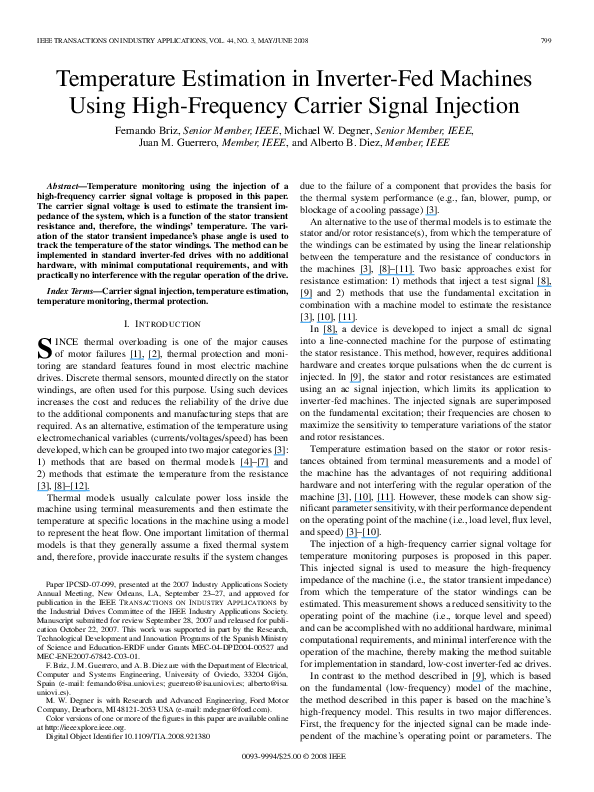 (PDF) Temperature Estimation in Inverter-Fed Machines Using High ...
