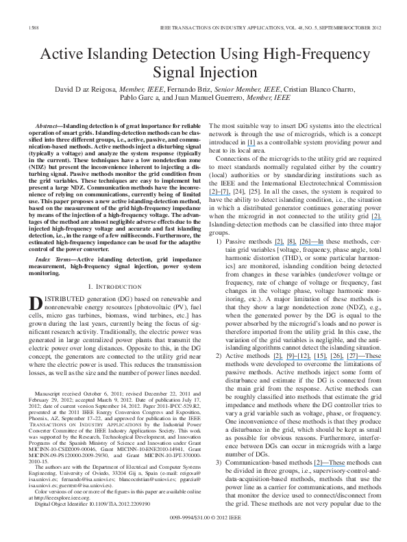 (PDF) Active Islanding Detection Using High-Frequency Signal Injection