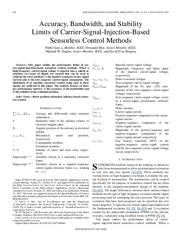 Pdf Limits On Accuracy And Bandwidth In Sensorless Control Methods 7080
