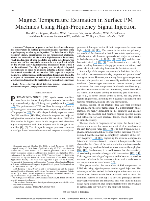(PDF) Magnet Temperature Estimation in Surface PM Machines Using High ...