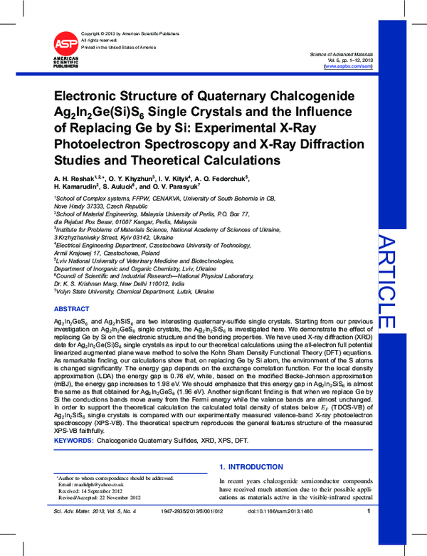 (PDF) Electronic Structure of Quaternary Chalcogenide Ag2In2Ge (Si) S6 ...