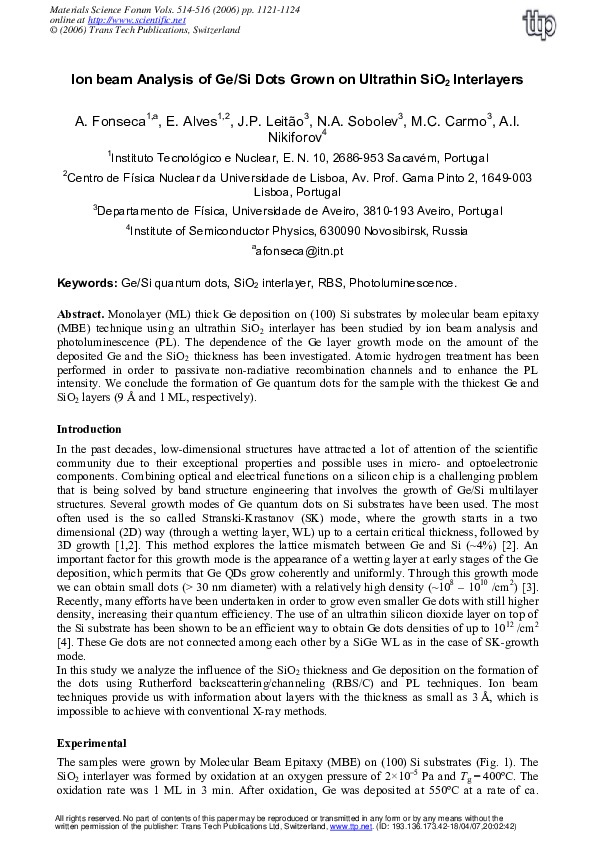 (PDF) Ion beam Analysis of Ge/Si Dots Grown on Ultrathin SiO2 Interlayers