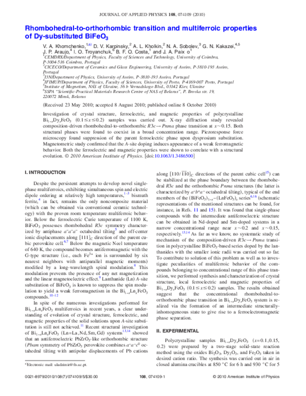(PDF) Rhombohedral-to-orthorhombic transition and multiferroic properties of Dy-substituted ...