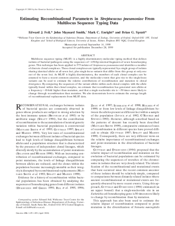 (PDF) Estimating recombinational parameters in Streptococcus pneumoniae from multilocus sequence ...