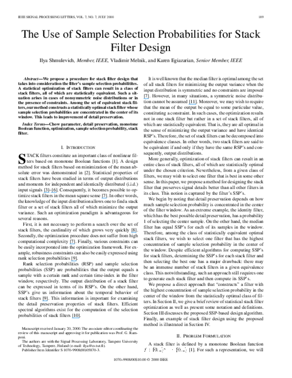 (PDF) The use of sample selection probabilities for stack filter design
