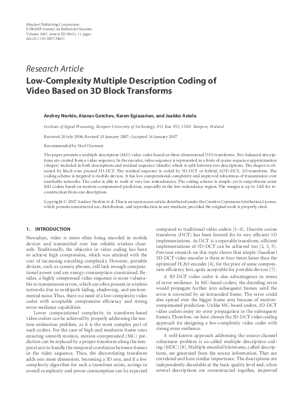 (PDF) Low-Complexity Multiple Description Coding of Video Based on 3D Block Transforms