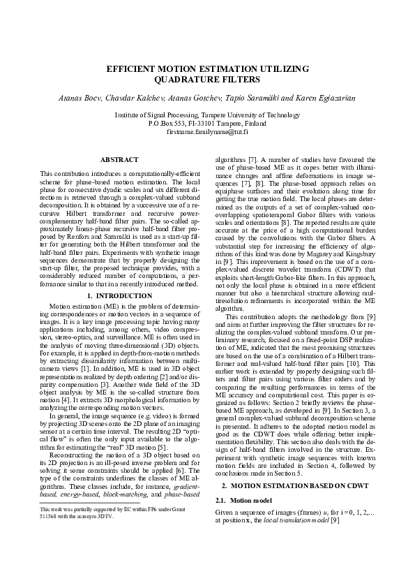 (PDF) EFFICIENT MOTION ESTIMATION UTILIZING QUADRATURE FILTERS (PDF) EFFICIENT MOTION ESTIMATION UTILIZING QUADRATURE FILTERS