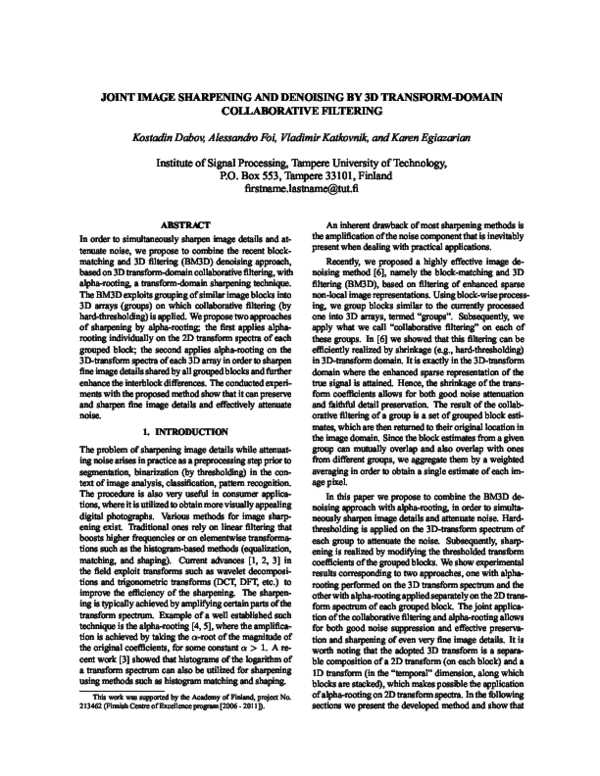 Pdf Joint Image Sharpening And Denoising By 3d Transform Domain Collaborative Filtering“ 