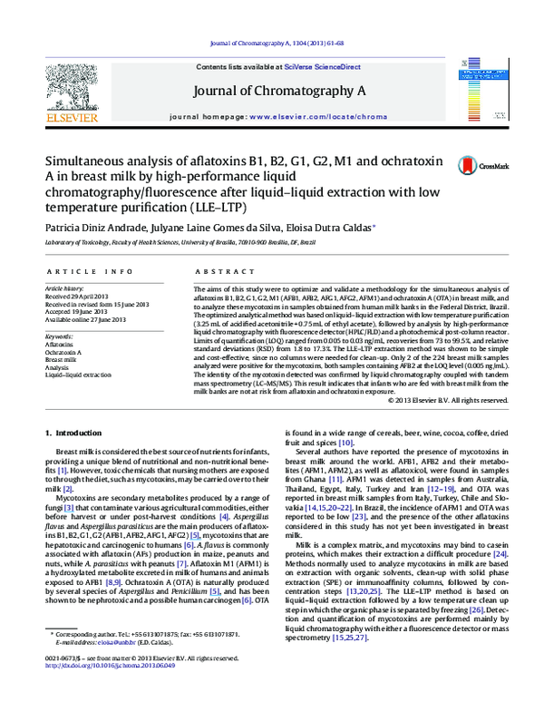 (PDF) Simultaneous analysis of aflatoxins B1, B2, G1, G2, M1 and ochratoxin A in breast milk by ...