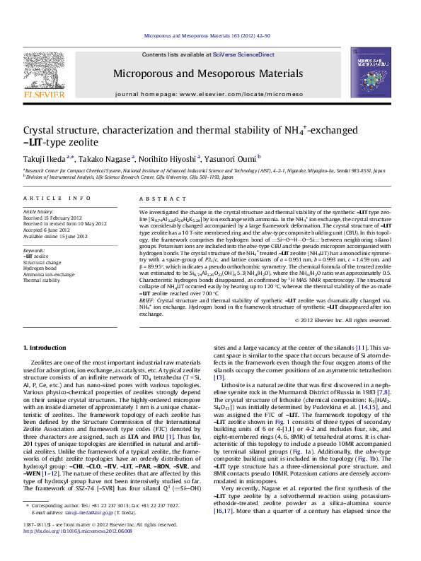 (PDF) Crystal structure, characterization and thermal stability of NH4+-exchanged –LIT-type zeolite
