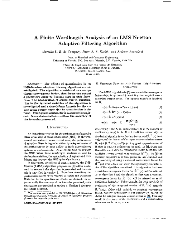 Pdf A Finite Wordlength Analysis Of An Lms Newton Adaptive Filtering Algorithm 6750