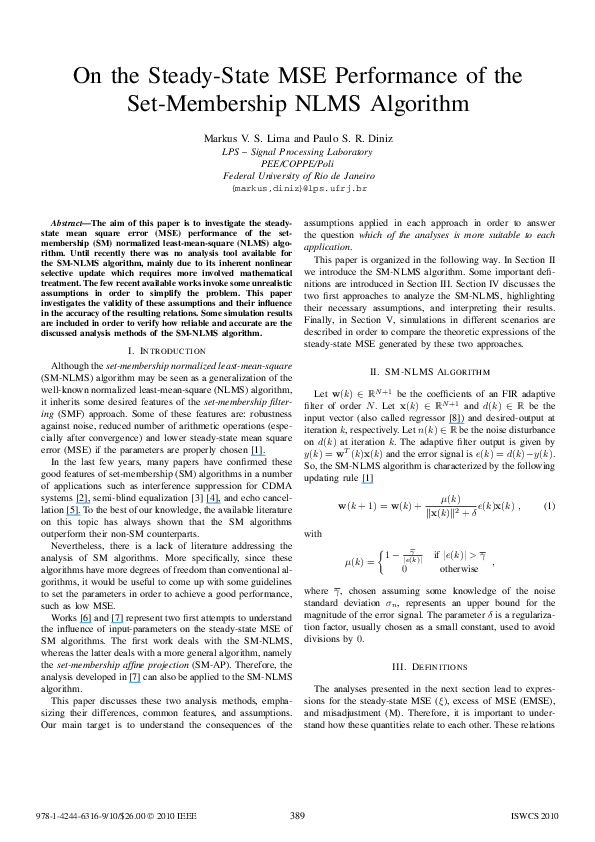 Pdf On The Steady State Mse Performance Of The Set Membership Nlms Algorithm