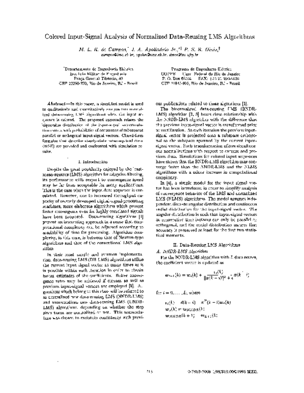 Pdf Colored Input Signal Analysis Of Normalized Data Reusing Lms Algorithms
