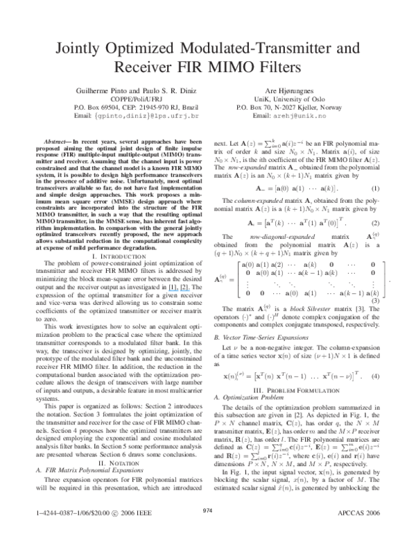 (PDF) Jointly Optimized Modulated-Transmitter and Receiver FIR MIMO Filters