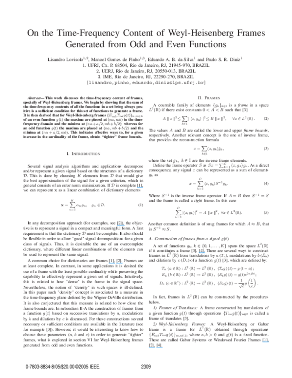 (PDF) On the Time-Frequency Content of Weyl-Heisenberg Frames Generated from Odd and Even Functions