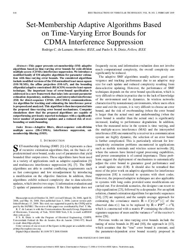 Pdf Set Membership Adaptive Algorithms Based On Time Varying Error Bounds For Cdma