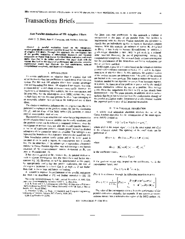 Pdf Fast Parallel Realization Of Iir Adaptive Filters Paulo Diniz