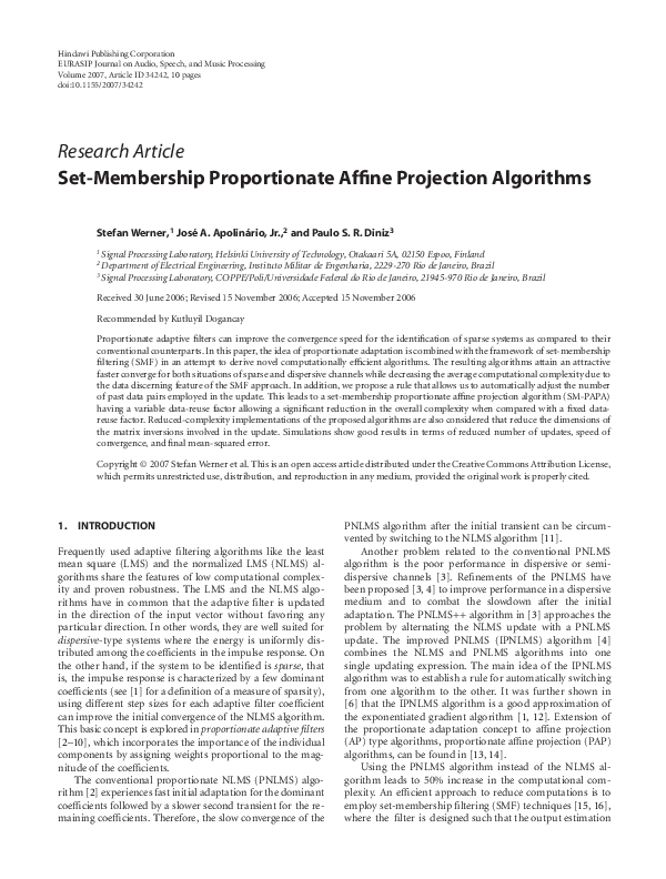 Pdf Set Membership Proportionate Affine Projection Algorithms