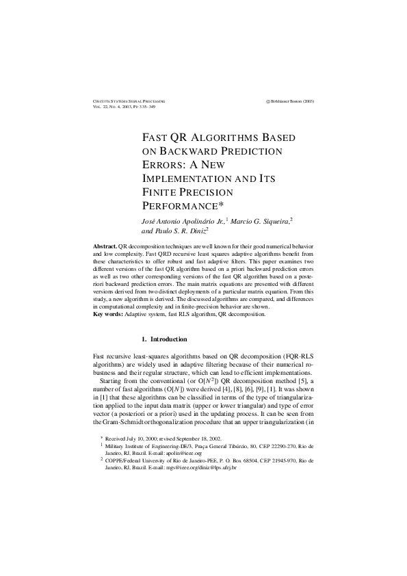 (PDF) Fast QR Algorithms Based on Backward Prediction Errors: A New Implementation and Its ...