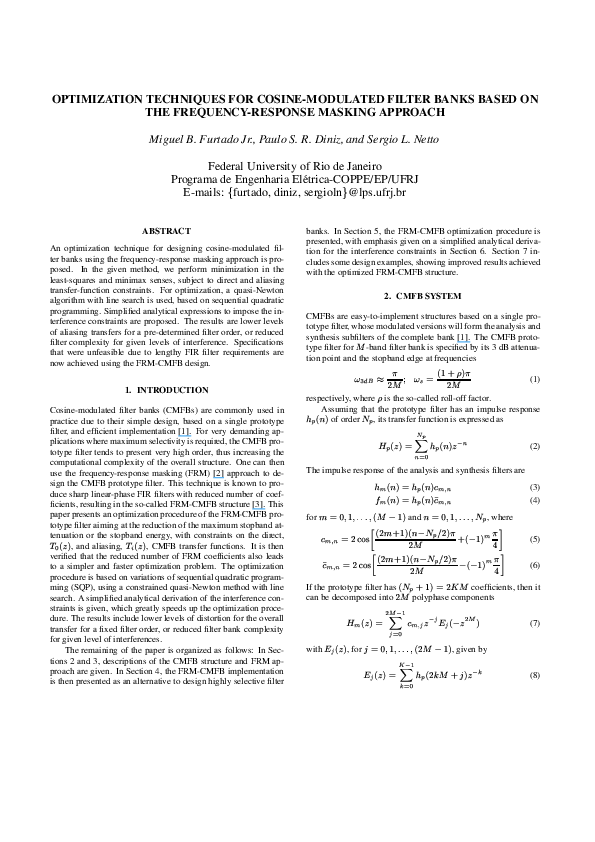 (PDF) Optimization techniques for cosine-modulated filter banks based on the frequency-response ...