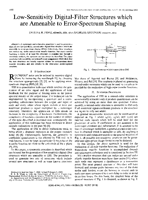 (PDF) Low-sensitivity digital-filter structures which are amenable to error-spectrum shaping