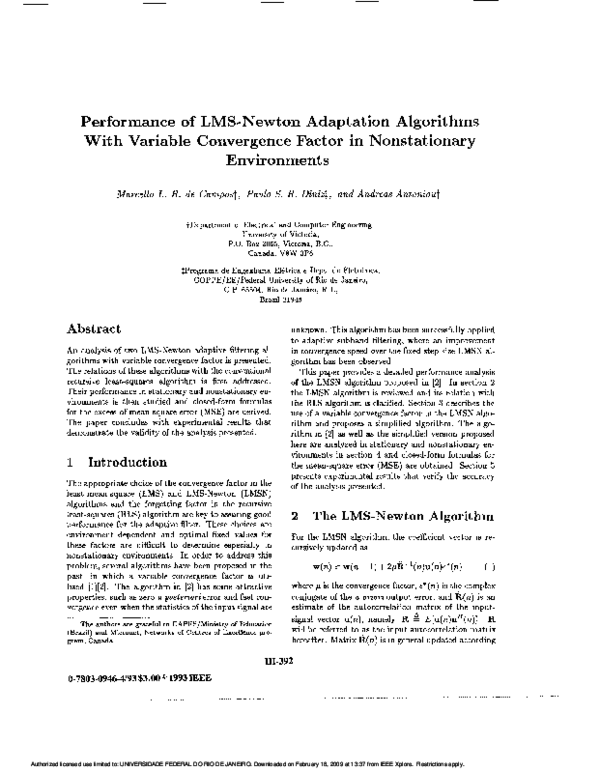 Pdf Performance Of Lms Newton Adaptation Algorithms With Variable Convergence Factor In