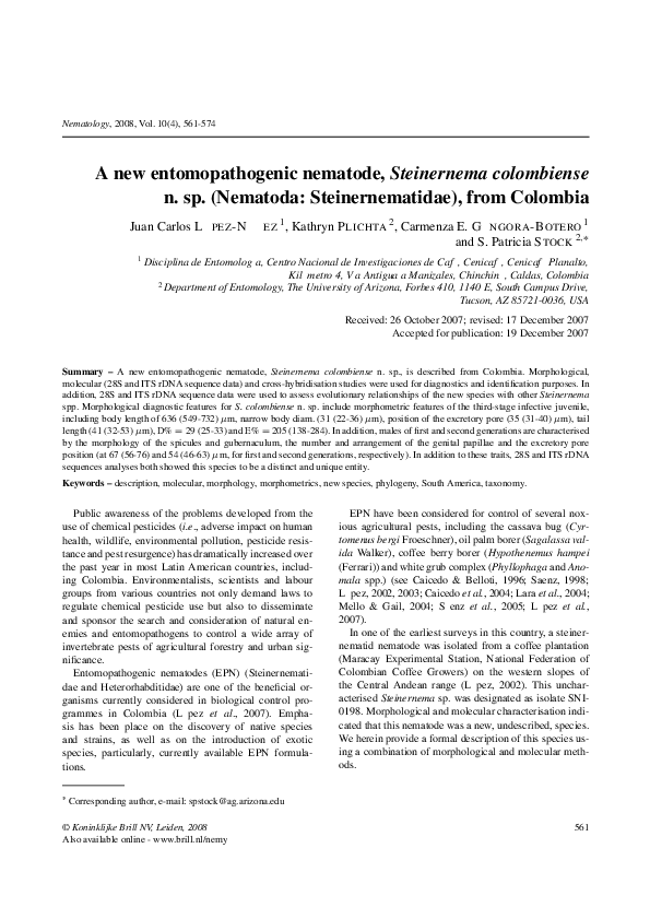(PDF) A new entomopathogenic nematode, Steinernema colombiense n. sp. (Nematoda ...