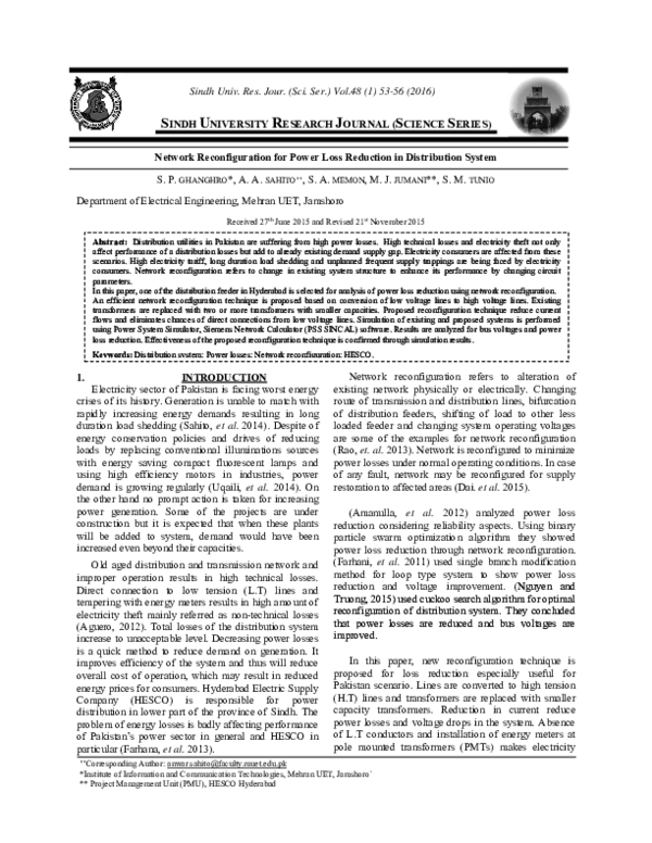 Pdf Network Reconfiguration For Power Loss Reduction In Distribution System Anwar Sahito And