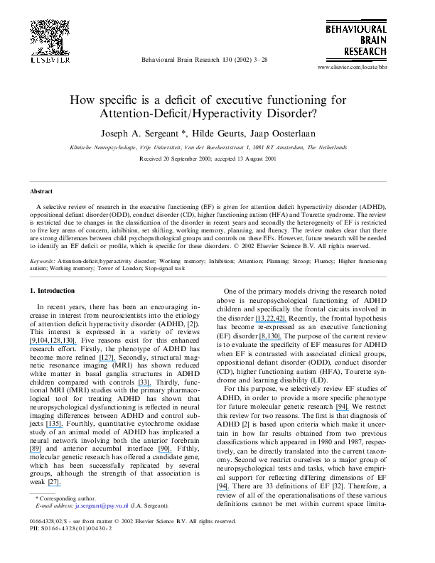 (PDF) How specific is a deficit of executive functioning for Attention-Deficit/Hyperactivity ...