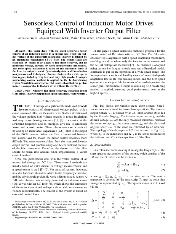 Pdf Sensorless Control Of Induction Motor Drives Equipped With Inverter Output Filter