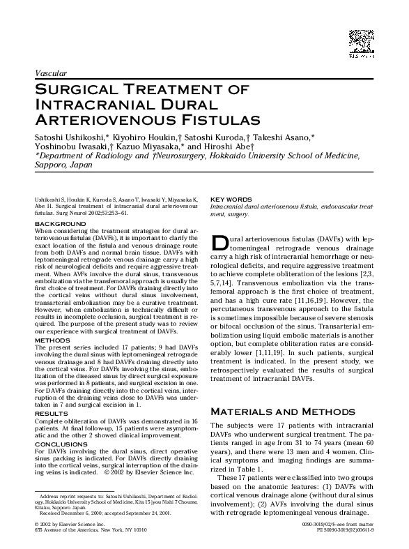 (PDF) Endovascular Treatment of Dural Arteriovenous Fistulas of the Transverse and Sigmoid ...