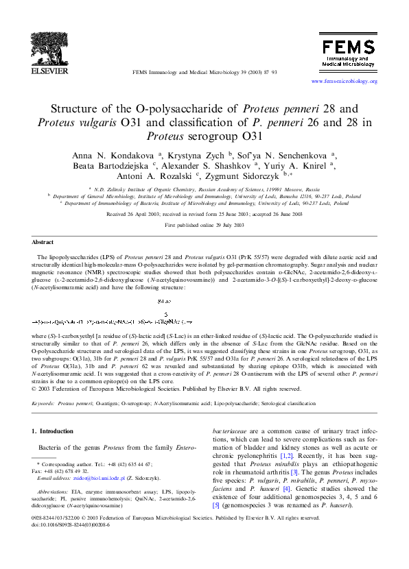 (PDF) Structure of the O-polysaccharide of Proteus penneri 28 and ...