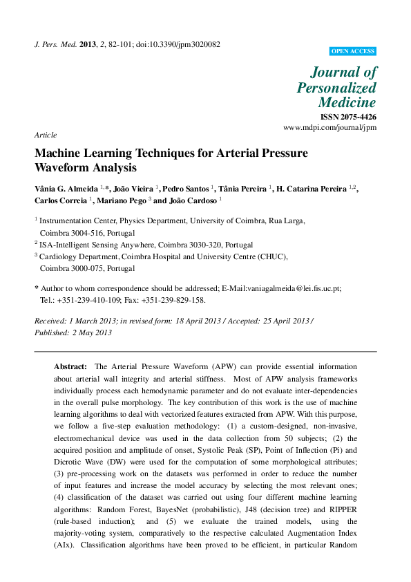 (PDF) Machine Learning Techniques for Arterial Pressure Waveform Analysis