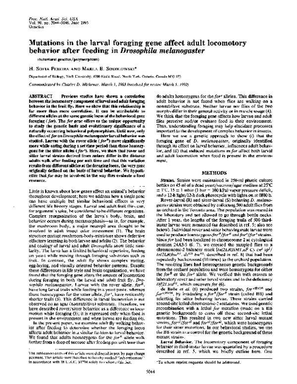 (PDF) Mutations in the larval foraging gene affect adult locomotory ...