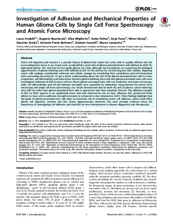 (PDF) Investigation of Adhesion and Mechanical Properties of Human Glioma Cells by Single Cell ...