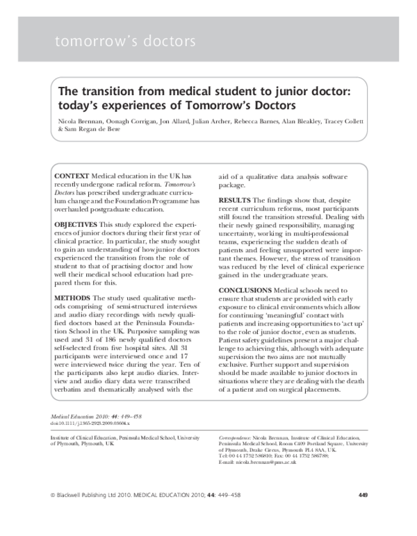 (PDF) The transition from medical student to junior doctor: today’s ...