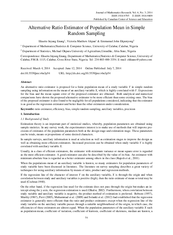 Pdf Alternative Ratio Estimator Of Population Mean In Simple Random
