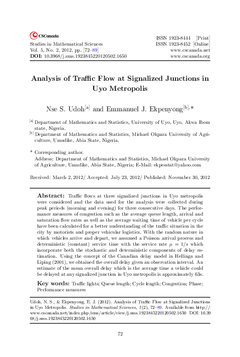 (PDF) Analysis of Traffic Flow at Signalized Junctions in Uyo Metropolis