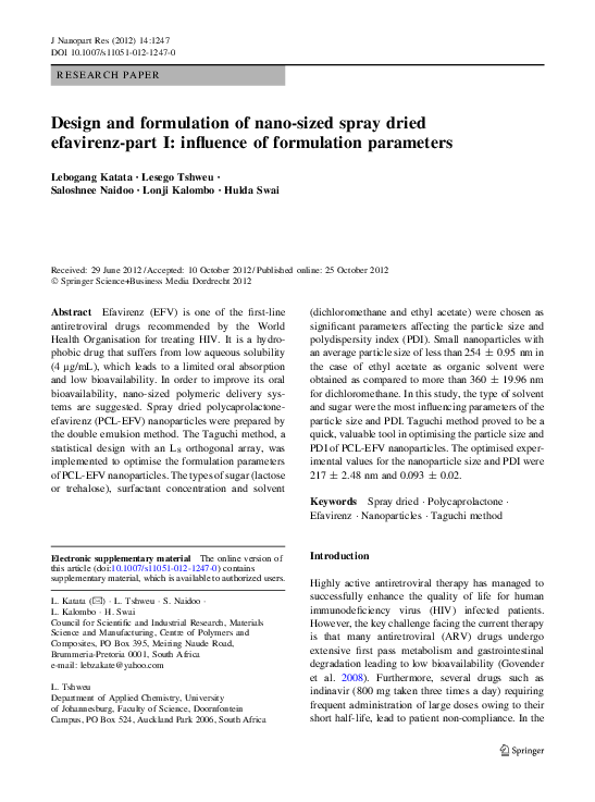 Pdf Design And Formulation Of Nano Sized Spray Dried Efavirenz Part I Influence Of