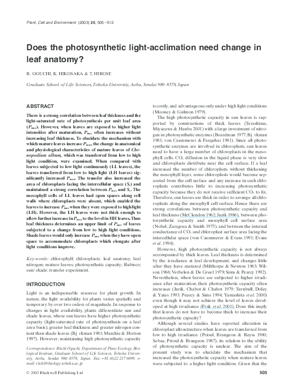 (PDF) Does the photosynthetic light-acclimation need change in leaf ...