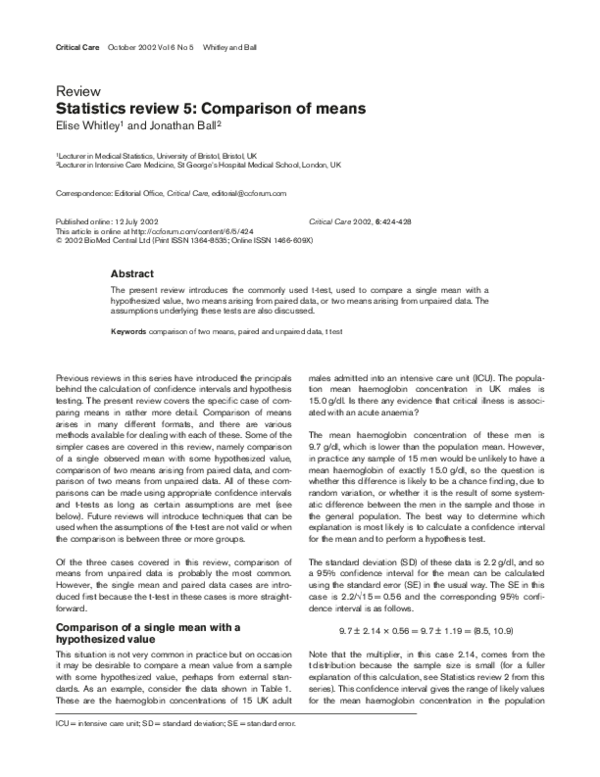 (PDF) Statistics review 5: Comparison of means