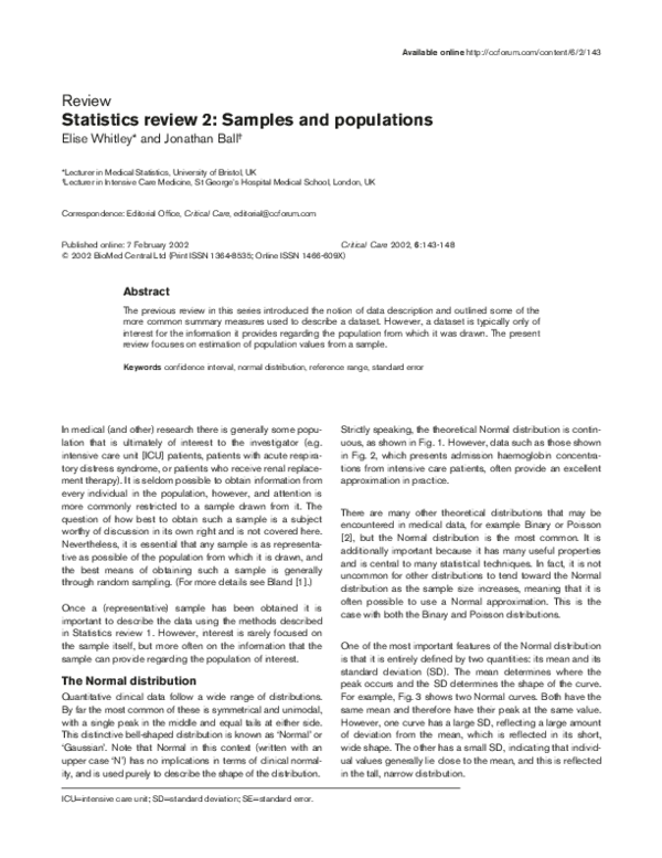 (PDF) Statistics review 2: samples and populations