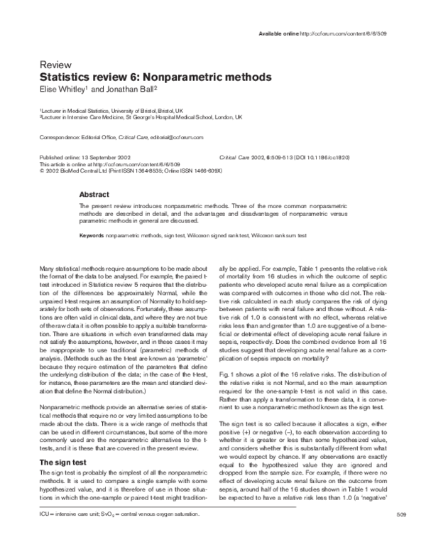 (PDF) Statistics review 6: Nonparametric methods